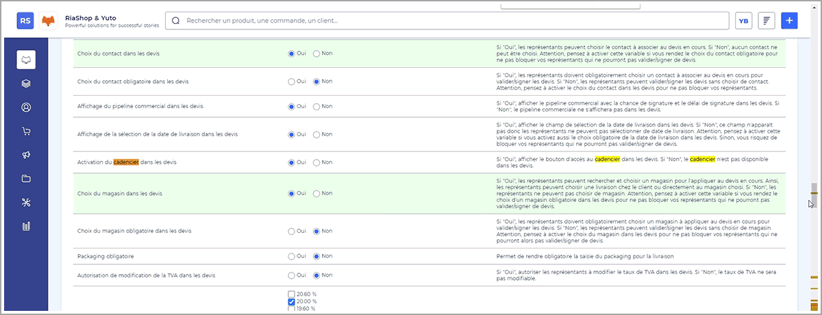 Où paramétrer le cadencier des devis Yuto ? Aide en ligne RiaShop et Yuto