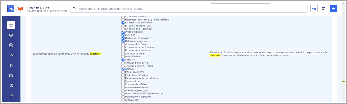 Où paramétrer le cadencier des devis Yuto ? Aide en ligne RiaShop et Yuto